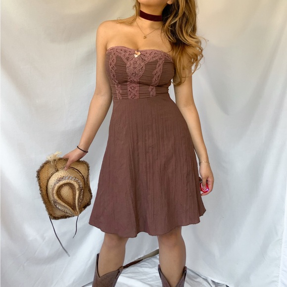 Dresses | Vintage Brown Lace Strapless Cottage Prairie Mini Dress ...